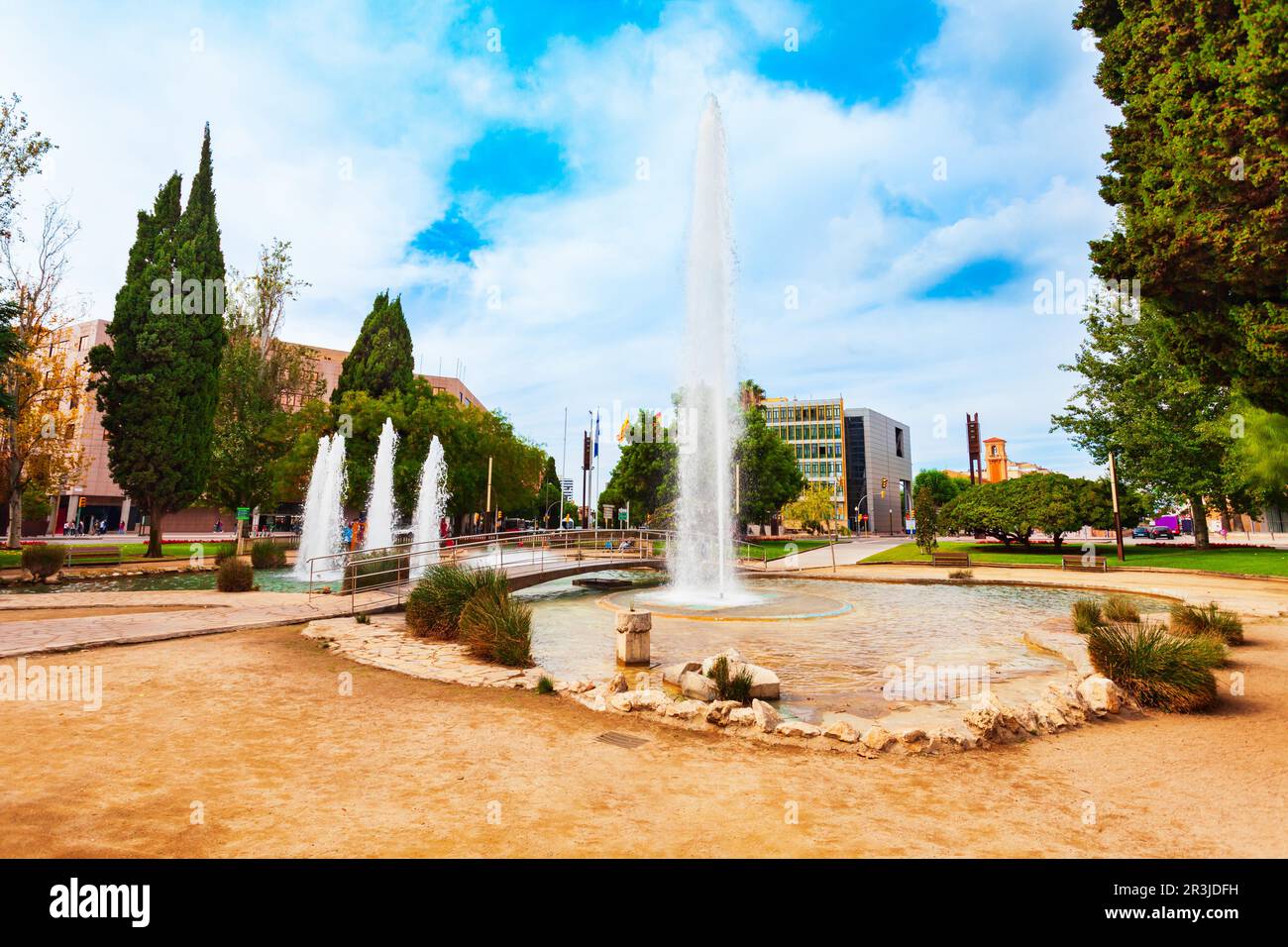 Fountain at the Plaza Imperial Tarraco square in Tarragona. Tarragona ...