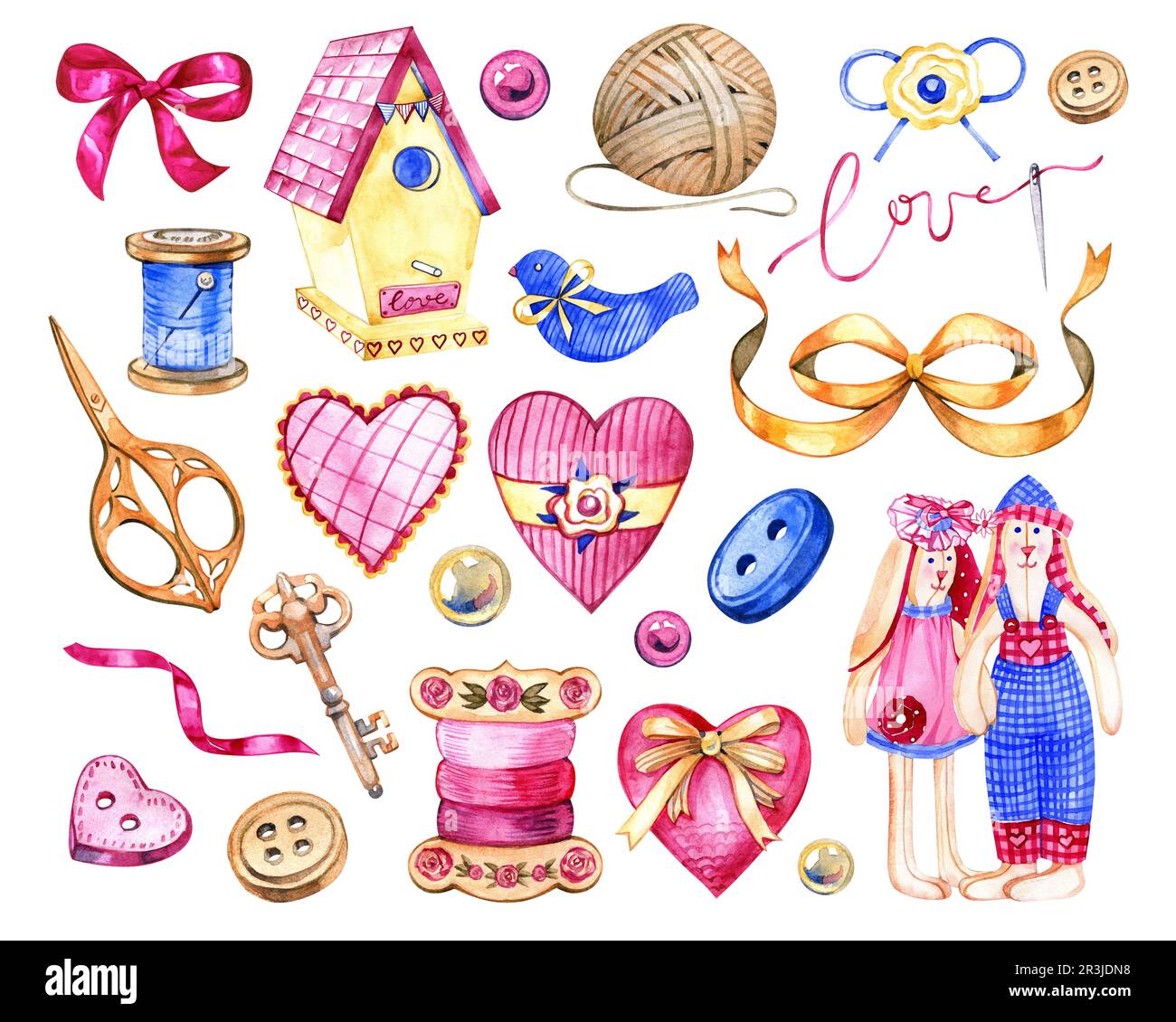 Watercolor vintage sewing set, scissor,needle spool,toys, heart, ribbon ...