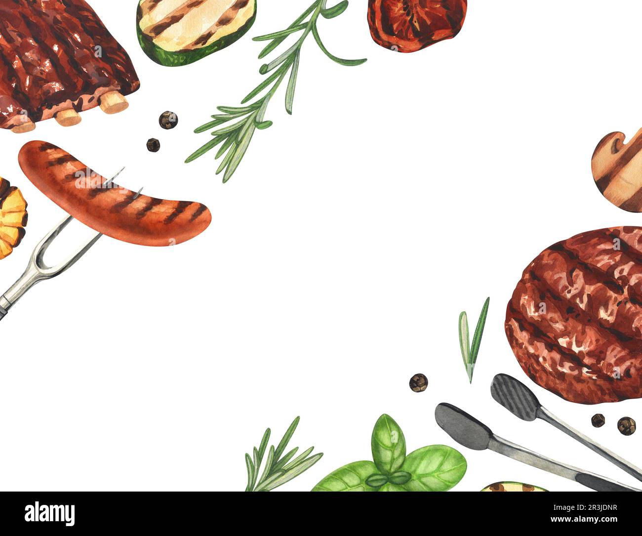 Watercolor frame barbecue. Elements for cooking bbq - grill, chicken ...