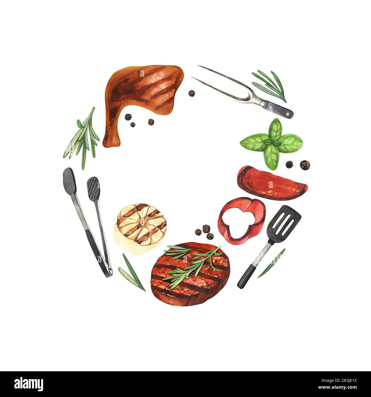 Watercolor round frame barbecue. Elements for cooking bbq - grill ...