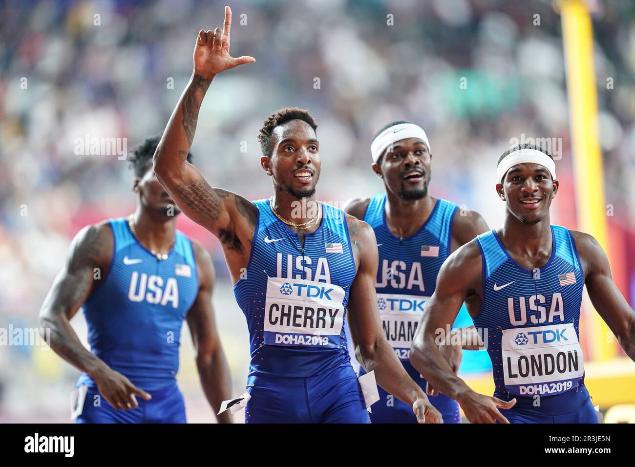 Michael CHERRY running the 4x400m relay at the 2019 World Athletics ...