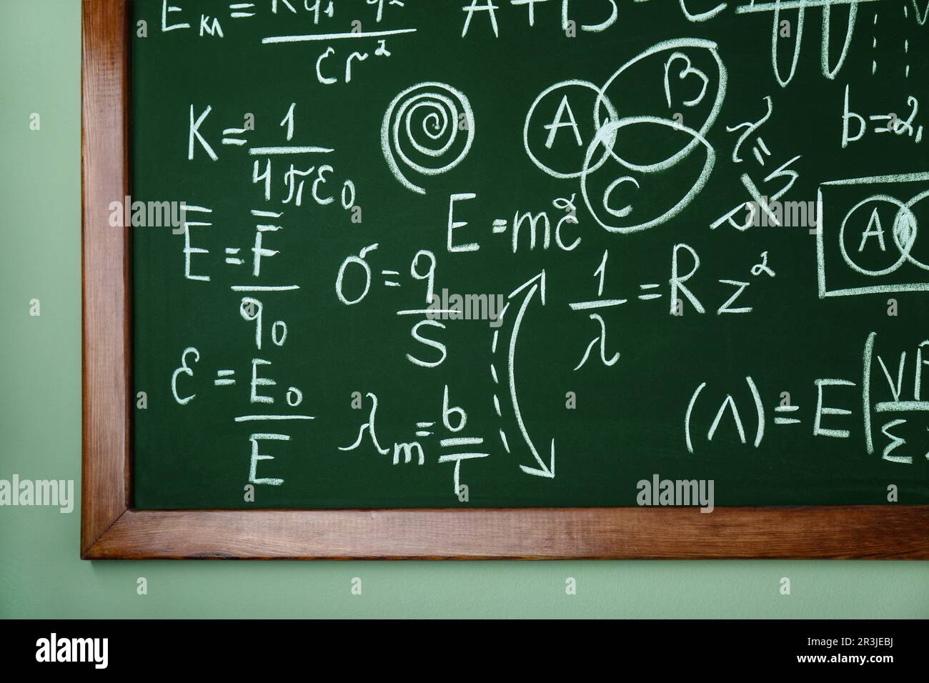 Blackboard with different physical formulas written with chalk on light ...