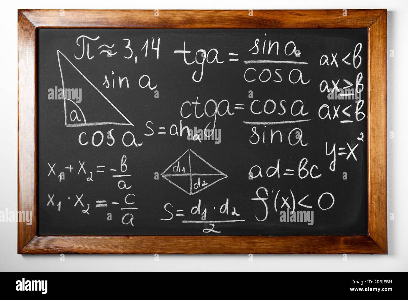 Chalkboard with many different math formulas on white wall Stock Photo ...