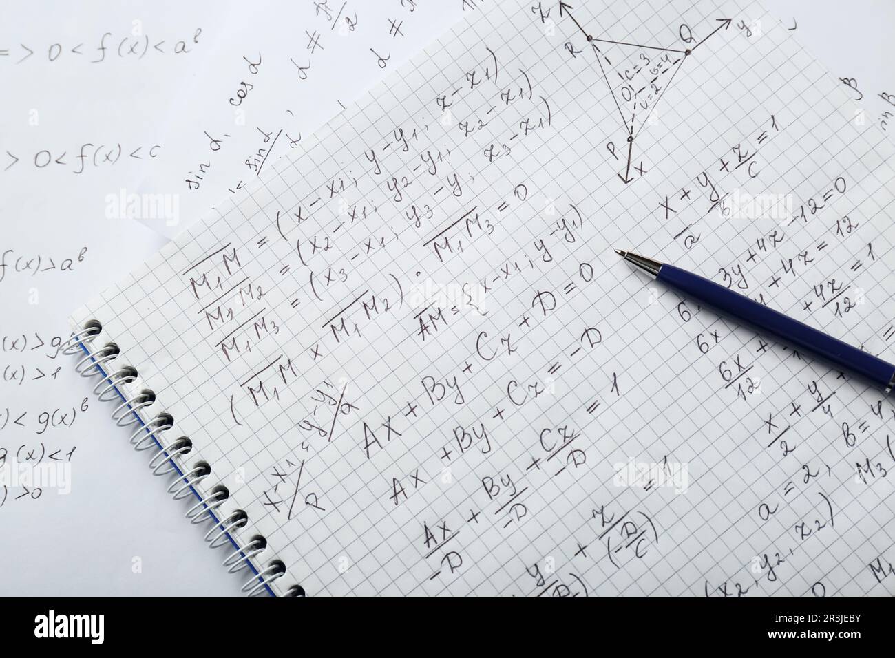 Notebook with different mathematical formulas and pen, top view Stock ...