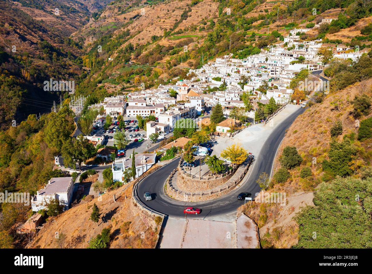 Pampaneira village aerial panoramic view. Pampaneira is a village in ...