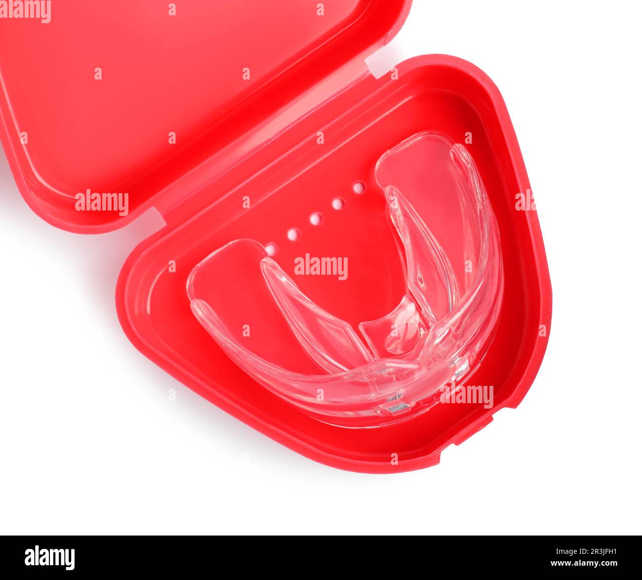 Transparent dental mouth guard in container isolated on white, top view ...