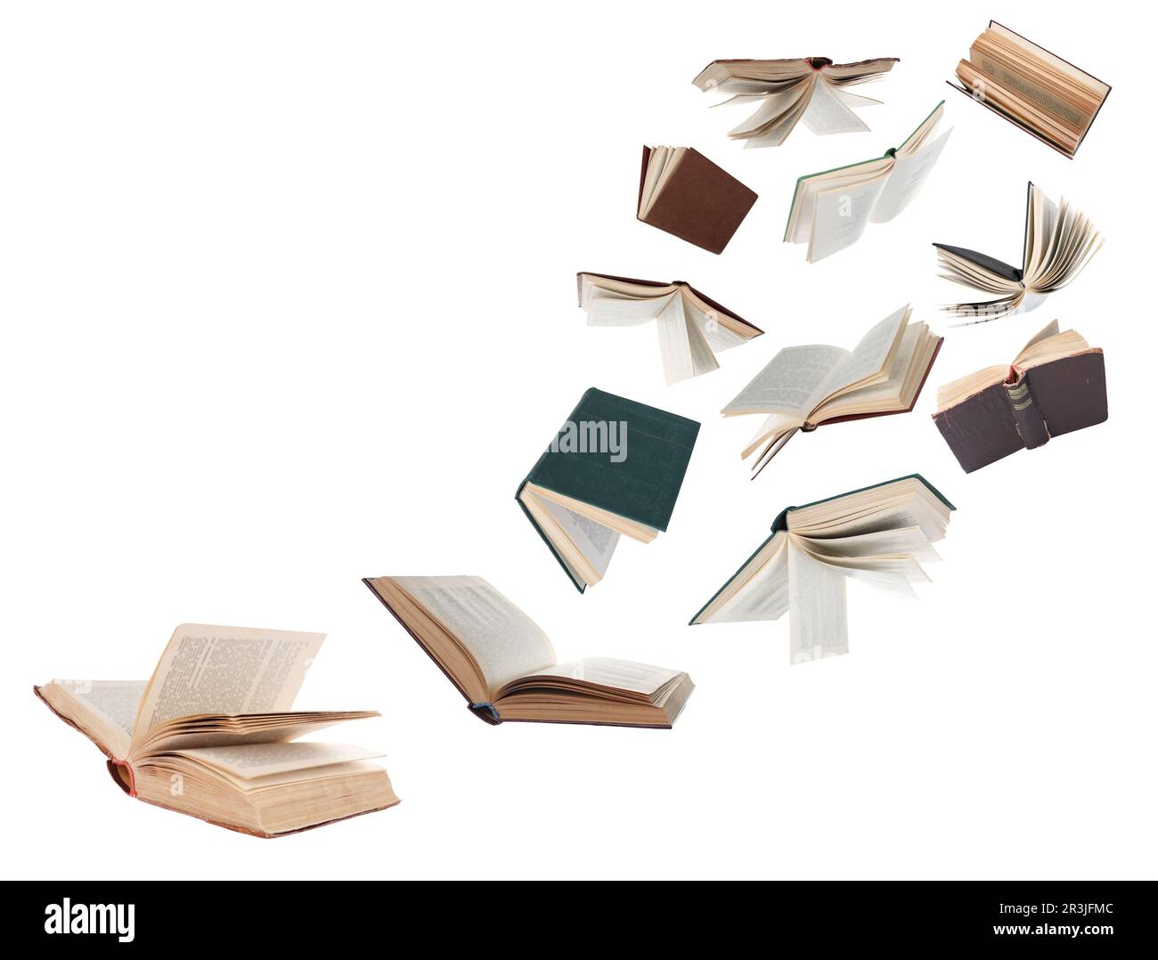Many hardcover books flying on white background Stock Photo - Alamy