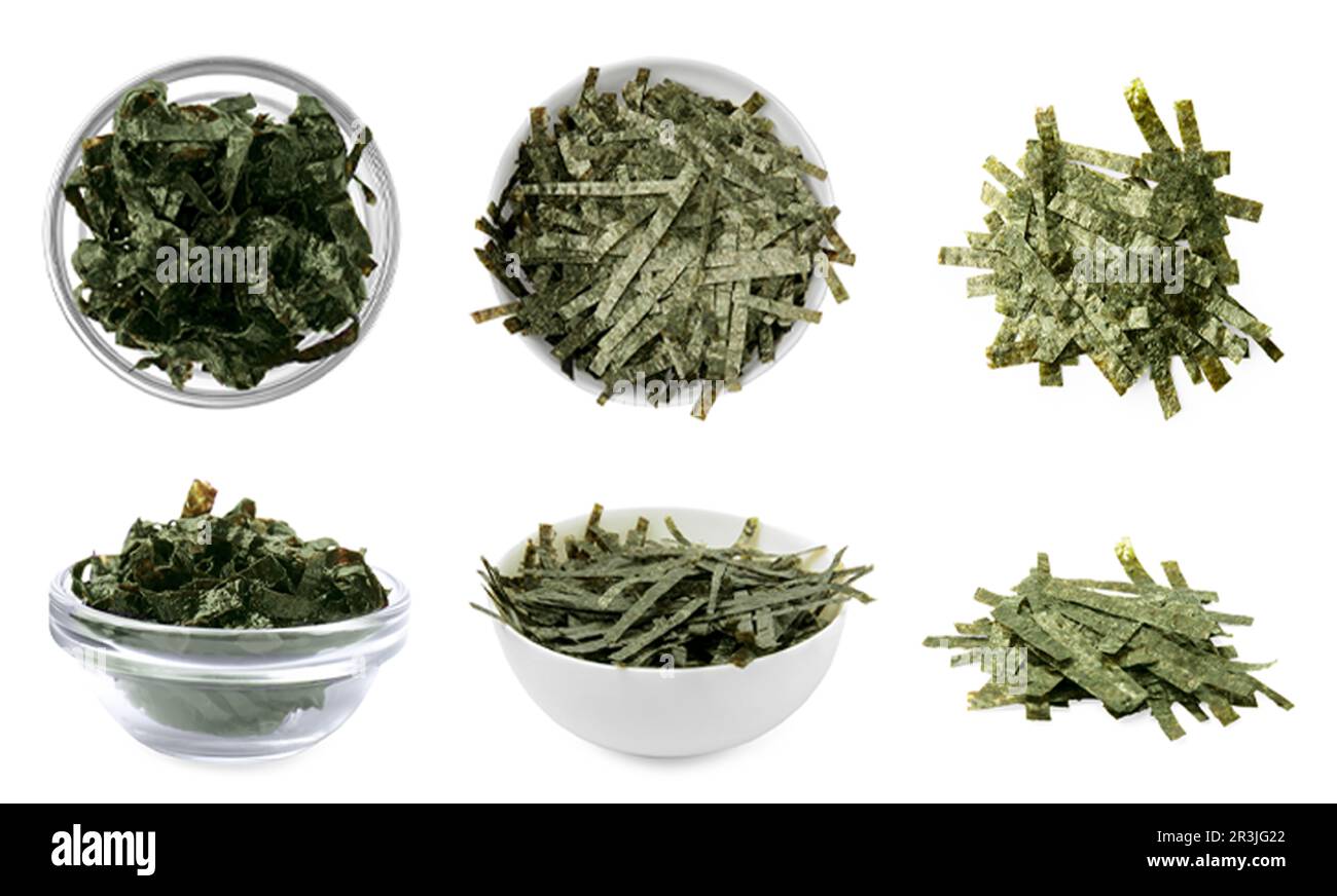 Set with tasty chopped crispy nori sheets on white background Stock ...