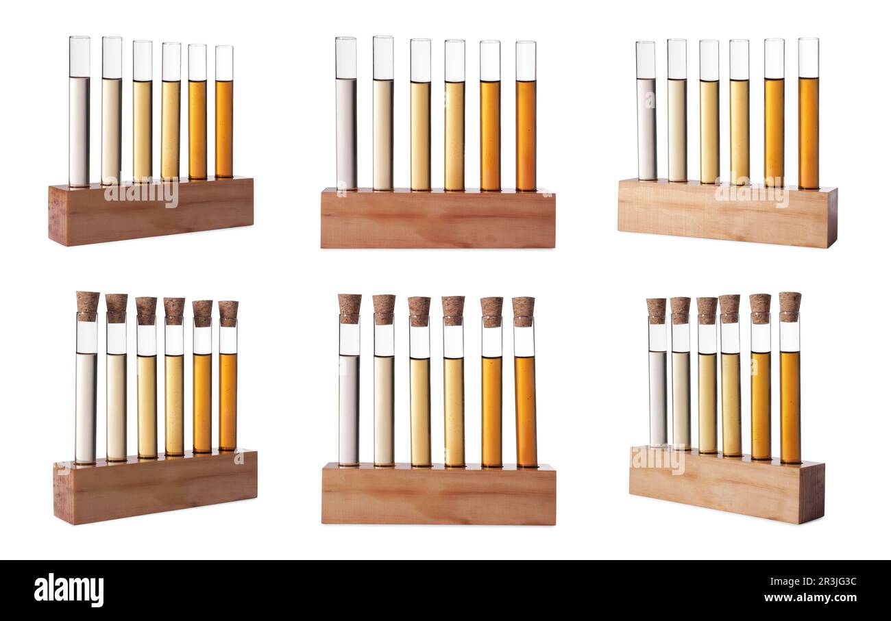 Test tubes with brown liquid on white background, collage Stock Photo ...