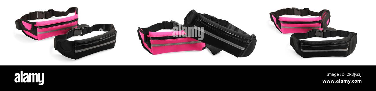 Collage with stylish waist bags (running belts) on white background ...