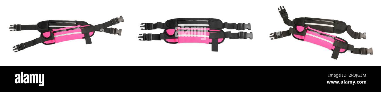 Collage with stylish waist bags (running belts) on white background ...