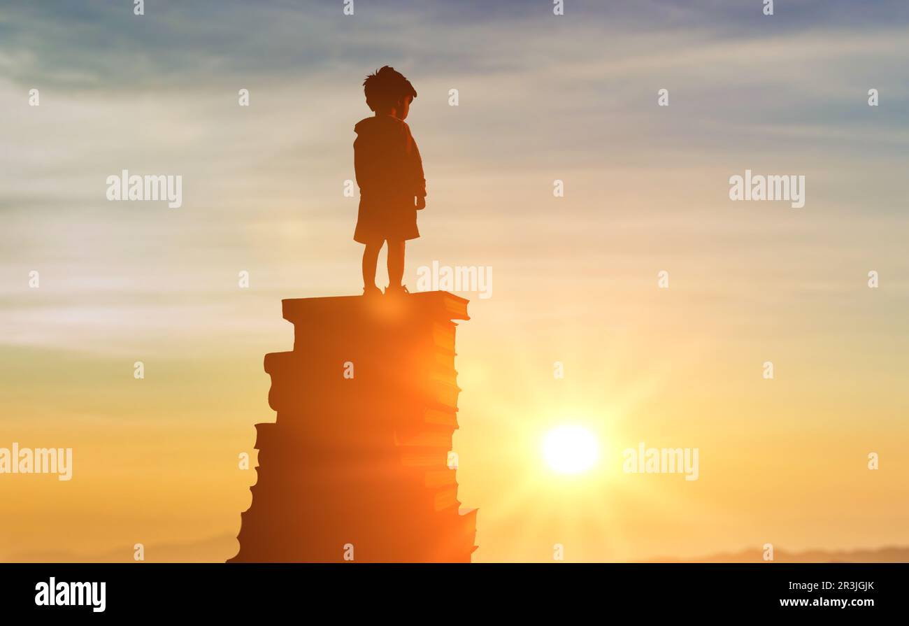 Back to school. silhouette inquisitive child stands on stack of books ...