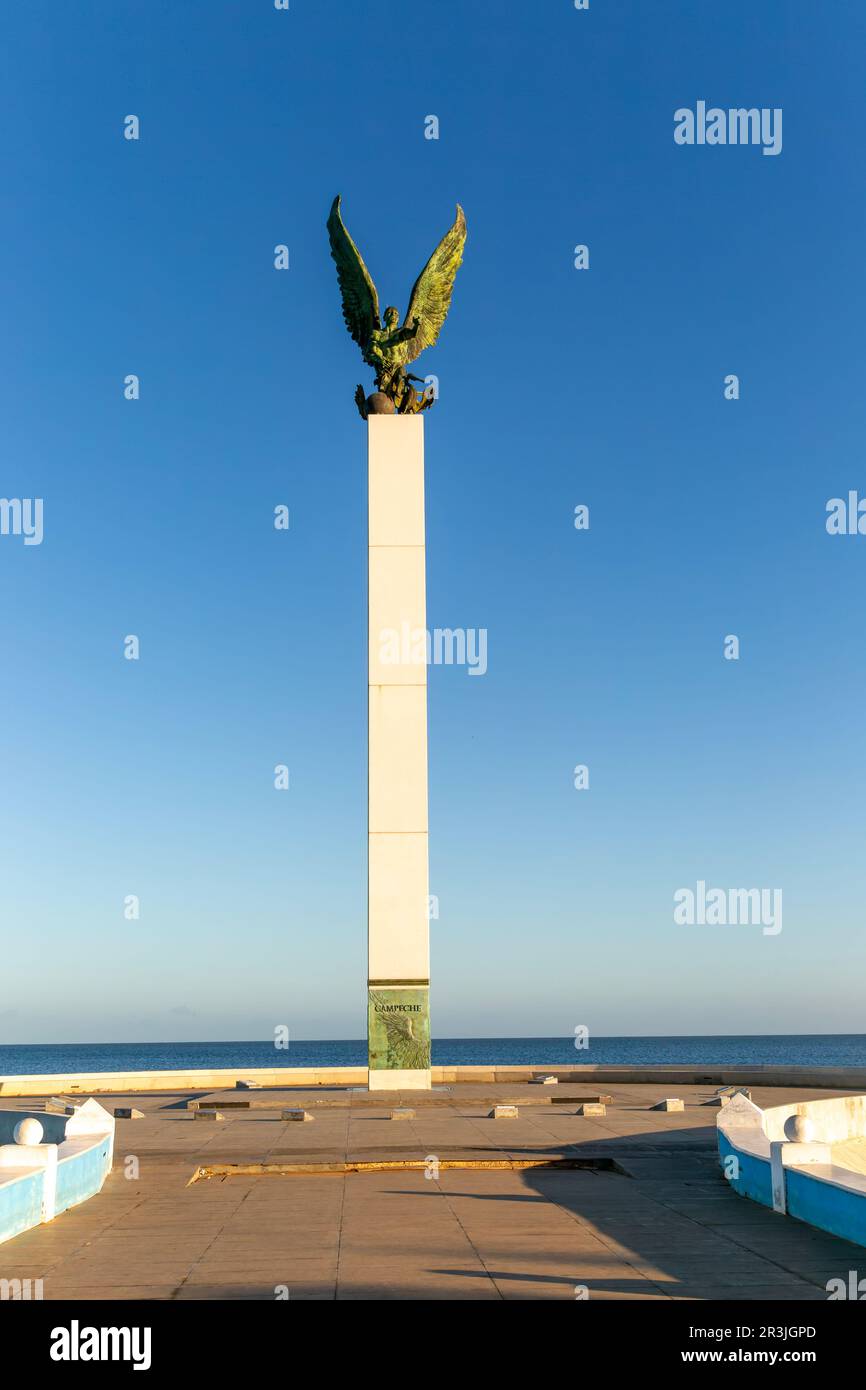 Sculpture of winged Mayan Angel on tall column, the seafront Malecon ...