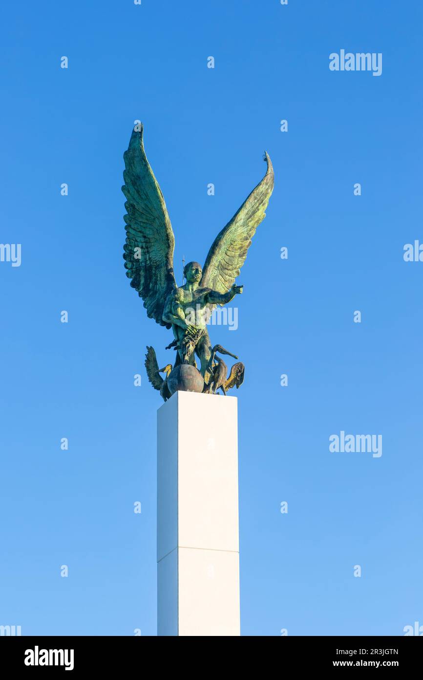 Sculpture of winged Mayan Angel on tall column, the seafront Malecon ...
