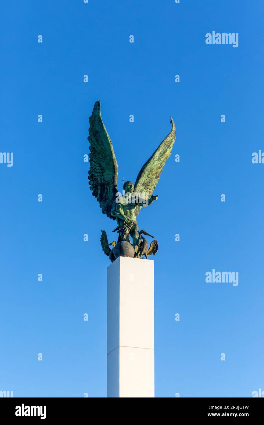 Sculpture of winged Mayan Angel on tall column, the seafront Malecon ...
