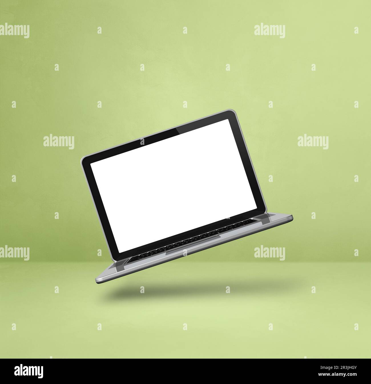 Blank computer laptop floating over a green background. 3D isolated ...
