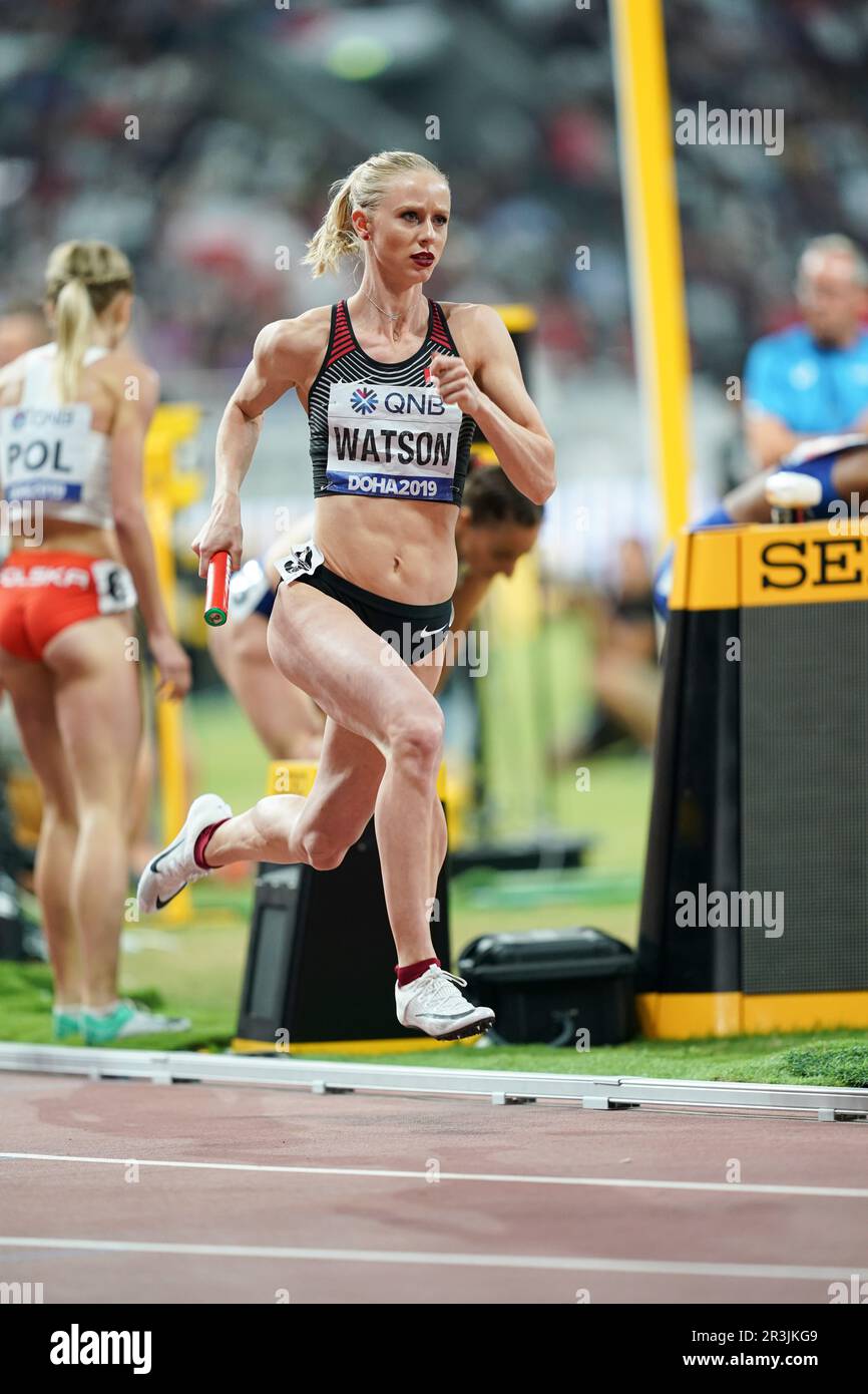 Sage WATSON running the 4x400m relay at the 2019 World Athletics ...