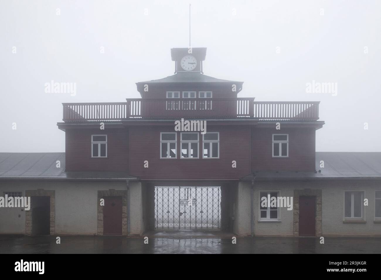 Gate to the camp at Buchenwald concentration camp in the fog, Weimar ...