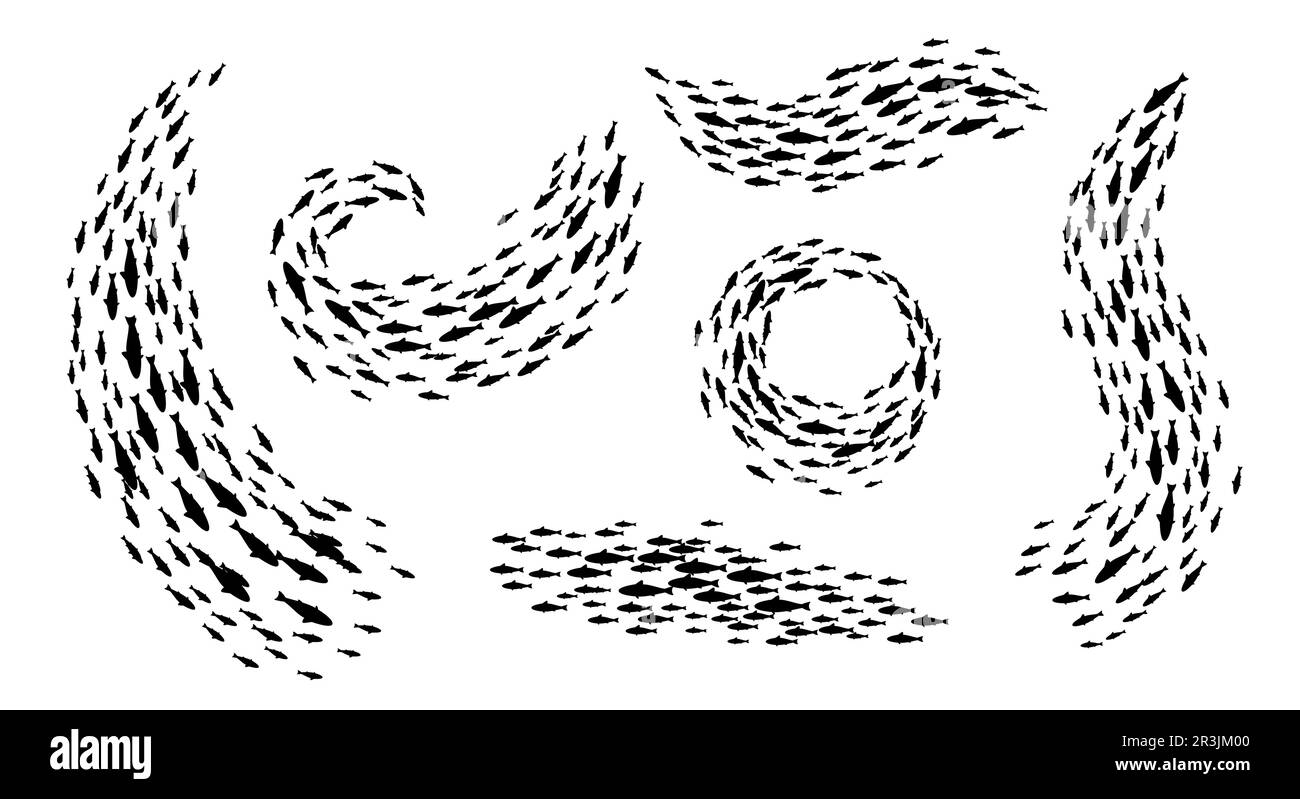 Shoal and fish school silhouettes. Marine and underwater life, ocean ...