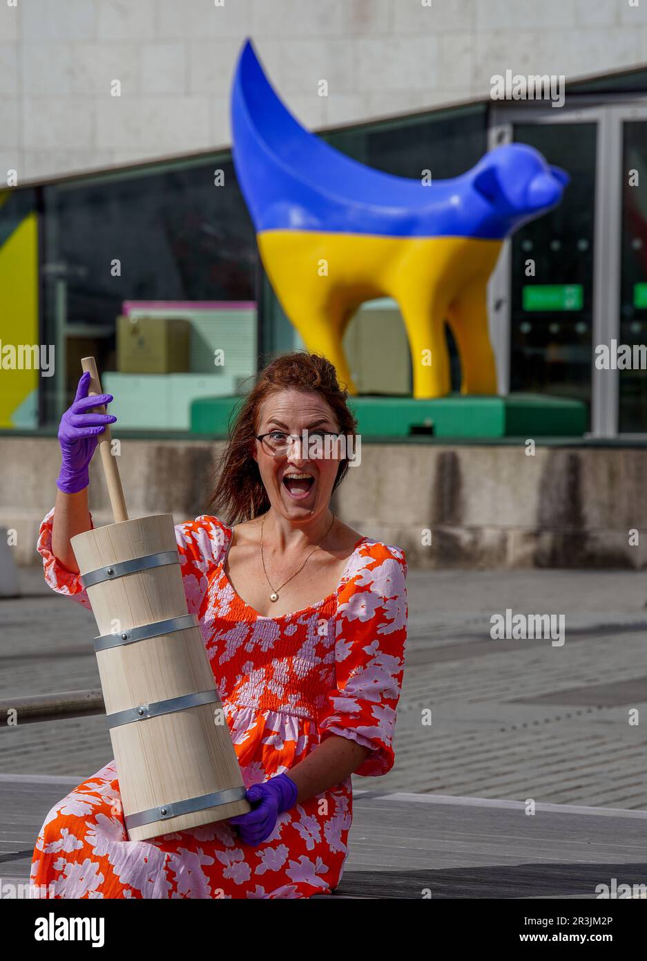Kay Jones, Lead Curator at Museum of Liverpool, holds the milk churn ...