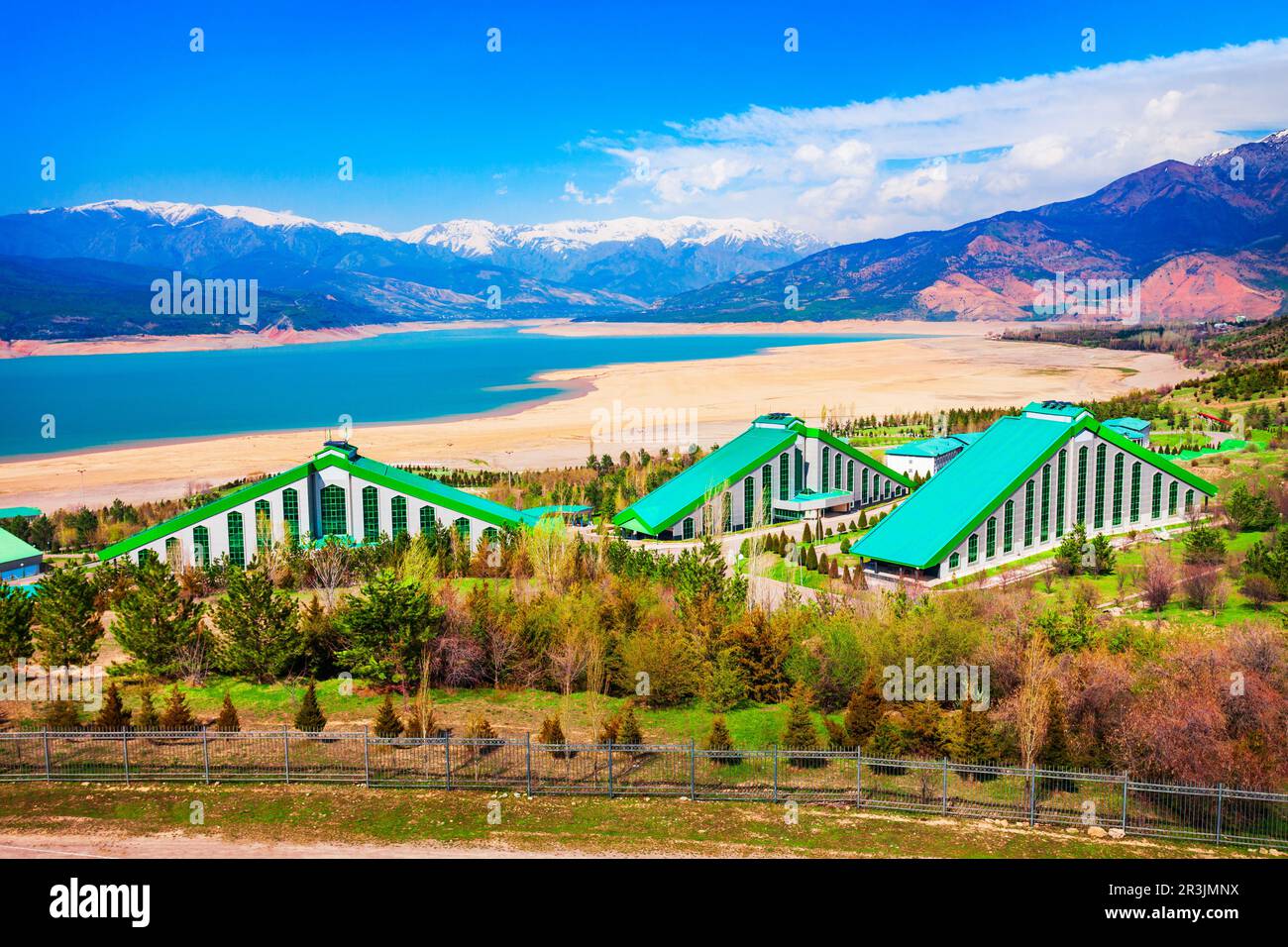 Chorvoq Oromgohi or Pyramids Hotel near the Lake Charvak, a water ...