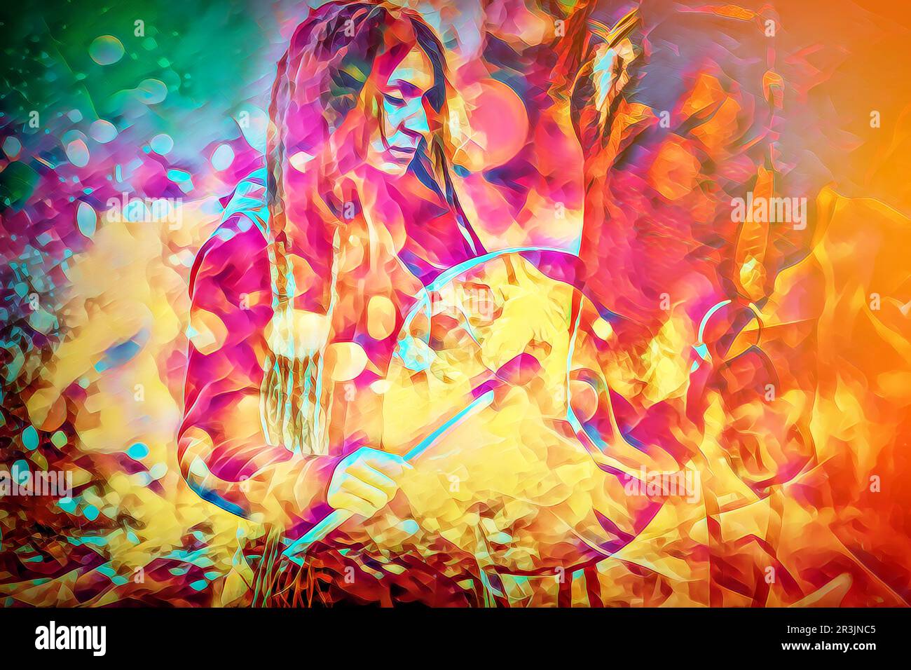 Shaman woman with her horse and shamanic frame drum. Fire background ...