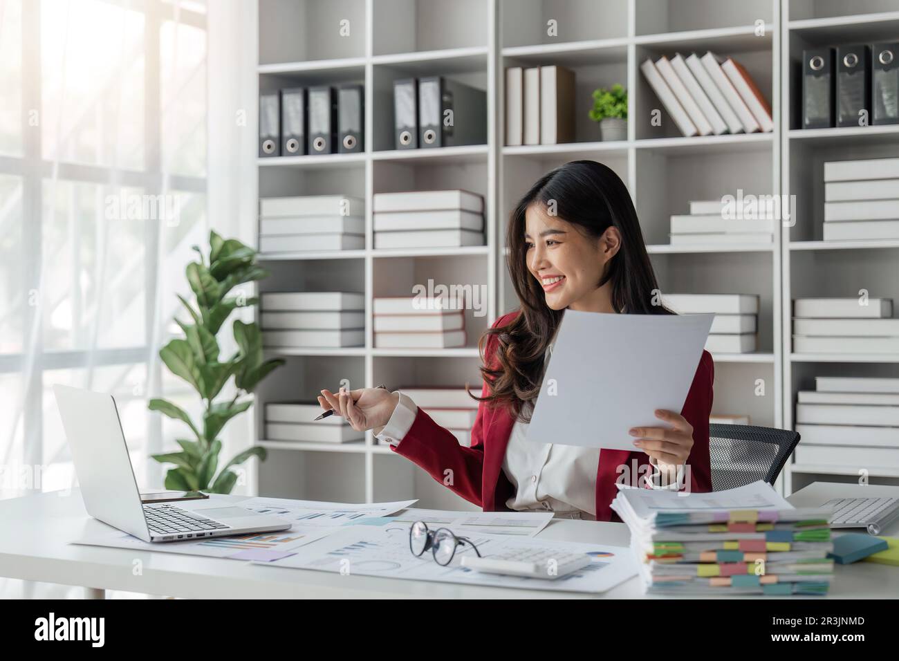 Business woman offices working for arranging documents unfinished stack ...