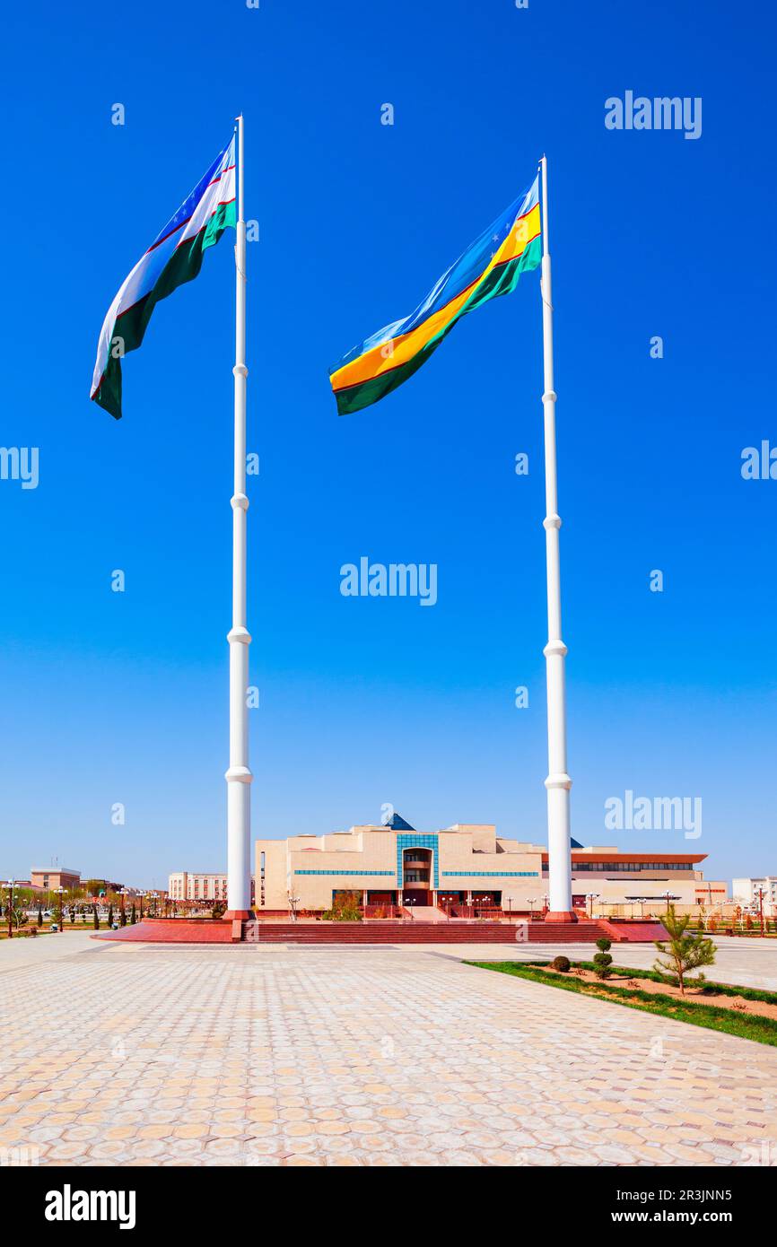 National flag of Uzbekistan and Karakalpakstan region flag near the ...