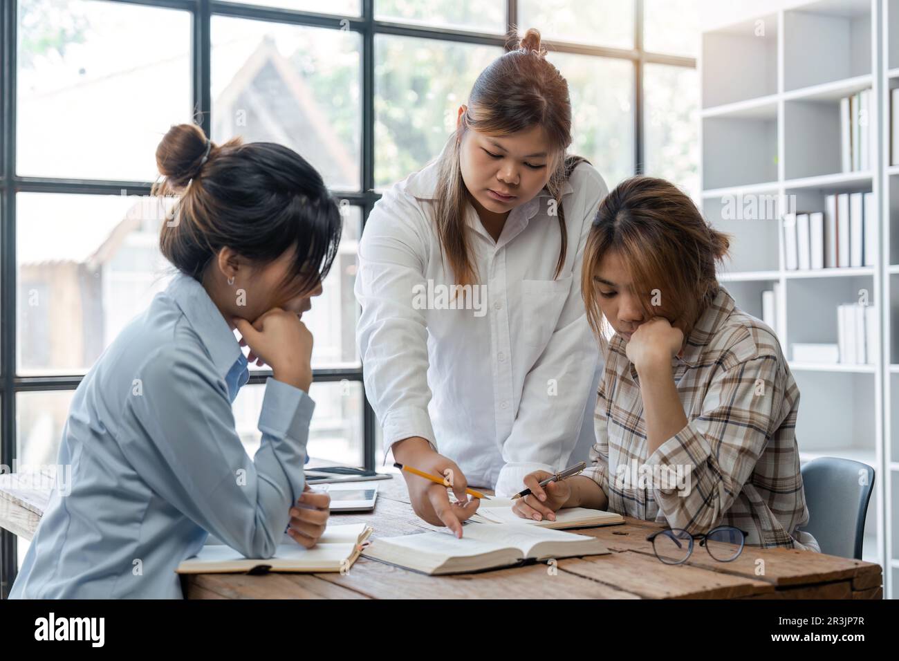 Distracted from preparing college project happy young laughing diverse ...