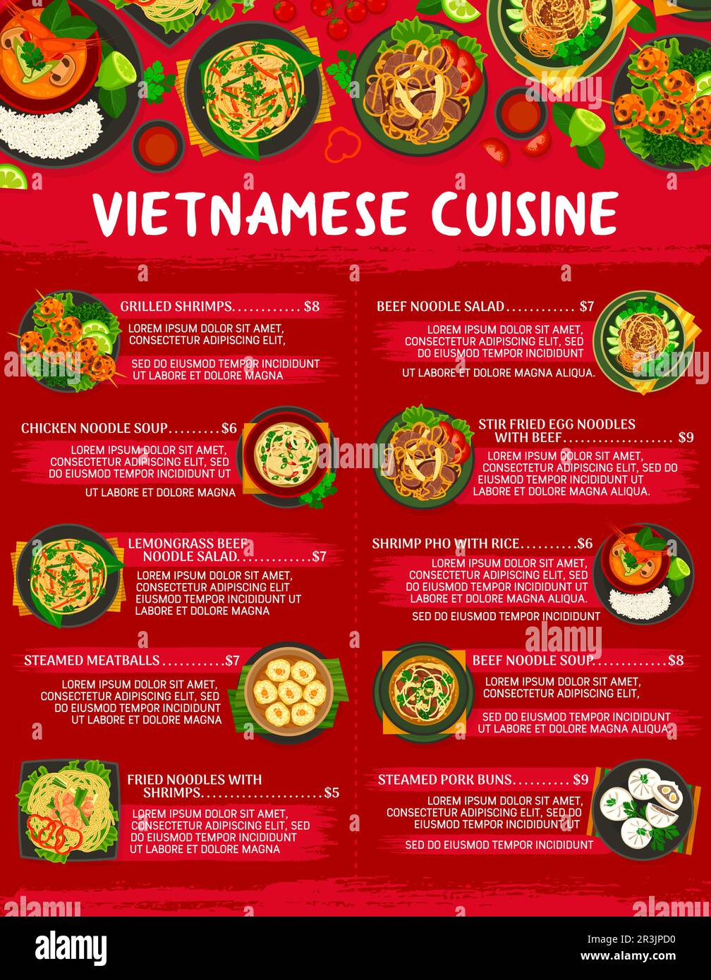 Vietnamese cuisine menu template, food of Vietnam with rice and noodle ...