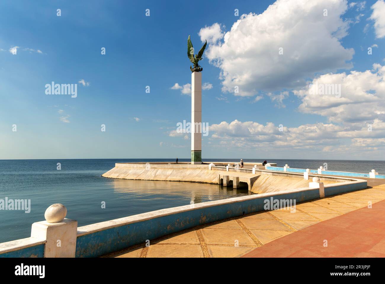 Sculpture of winged Mayan Angel on tall column, the seafront Malecon ...