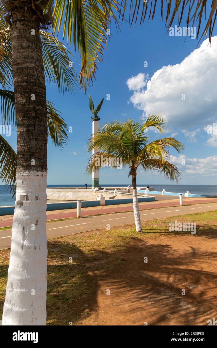 Sculpture of winged Mayan Angel on tall column, the seafront Malecon ...