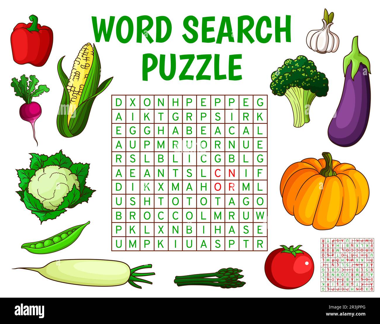 Raw farm vegetables word search puzzle game worksheet. Vector quiz grid ...
