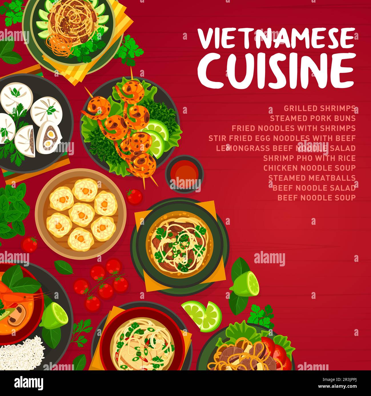 Vietnamese cuisine menu cover with food dishes and meals of noodles and ...