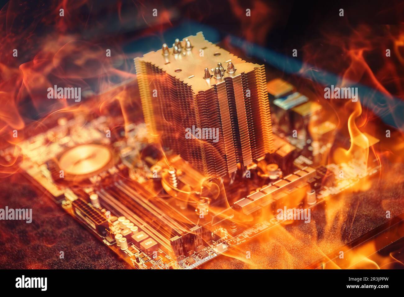 Repair of a computer, detail of disassembled computer. Fire effect ...