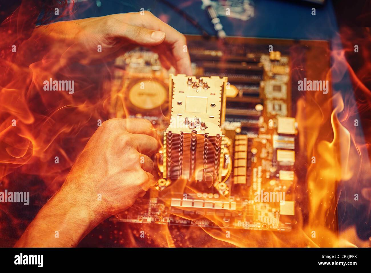 Repair of a computer, detail of disassembled computer. Fire effect ...