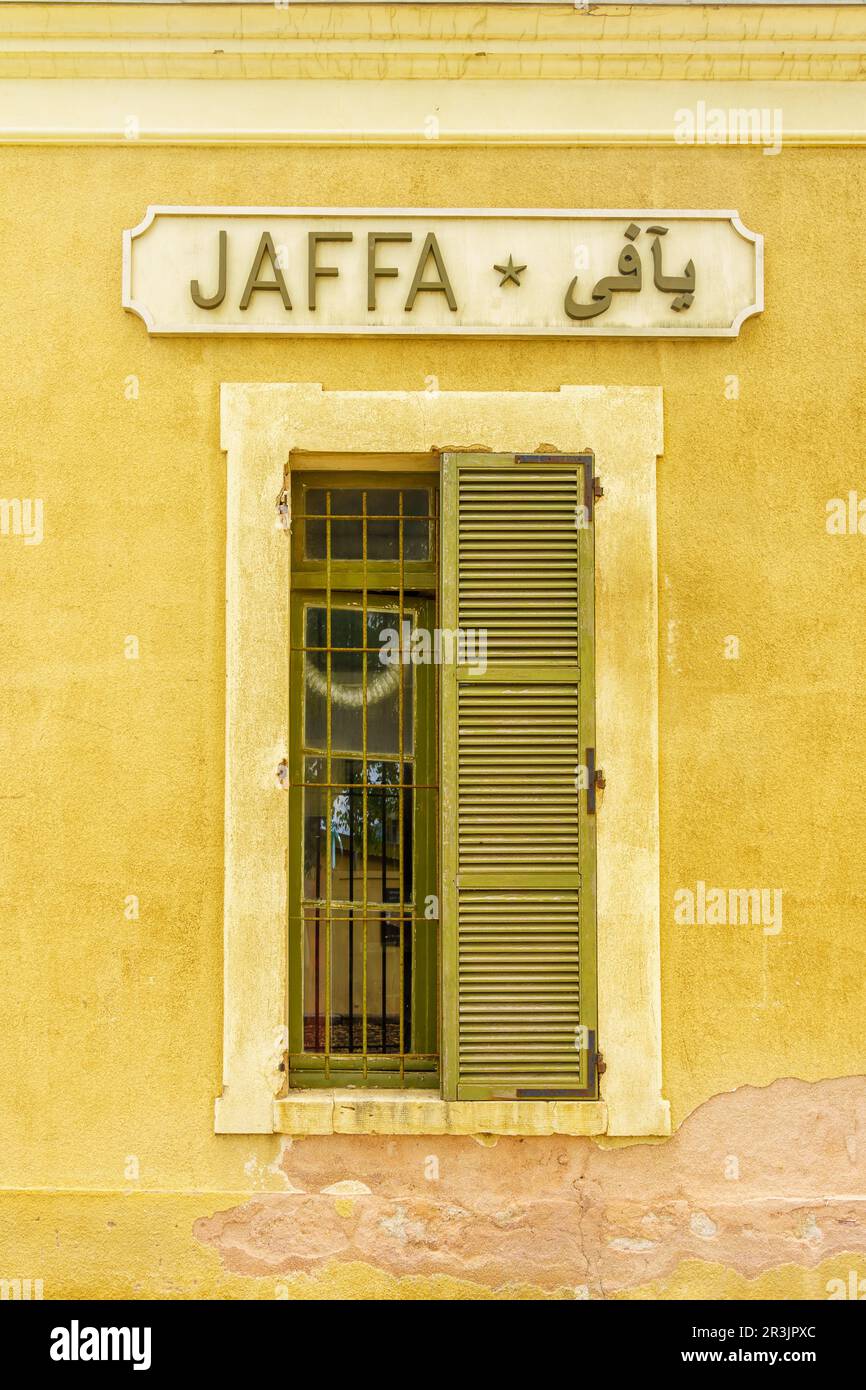 View of the bilingual sign of the first railway station of Jaffa, now ...