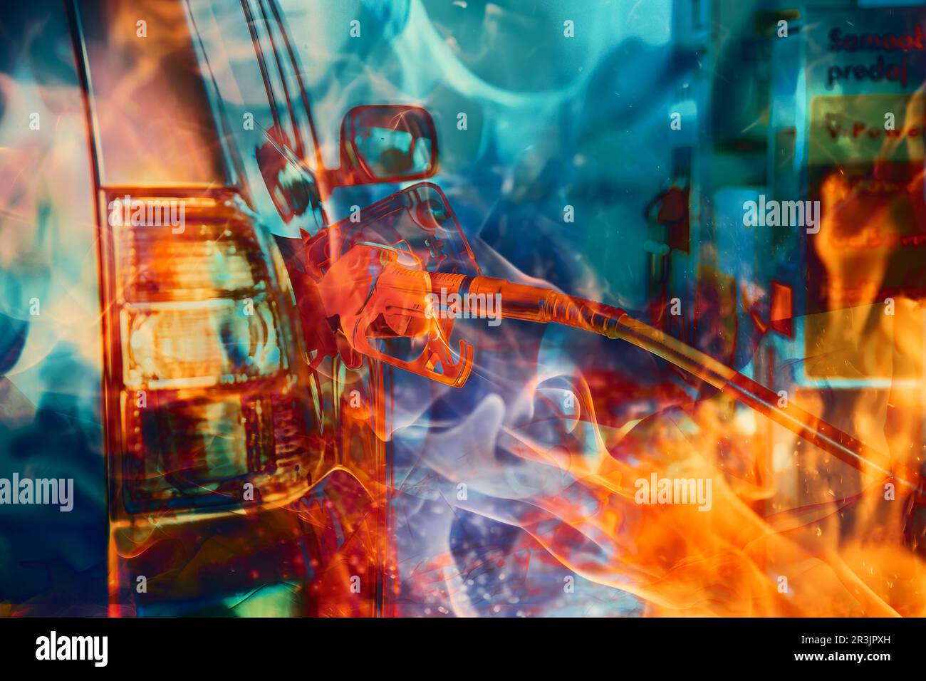 pumping gasoline fuel in a car at a gas station. Fire effect Stock ...