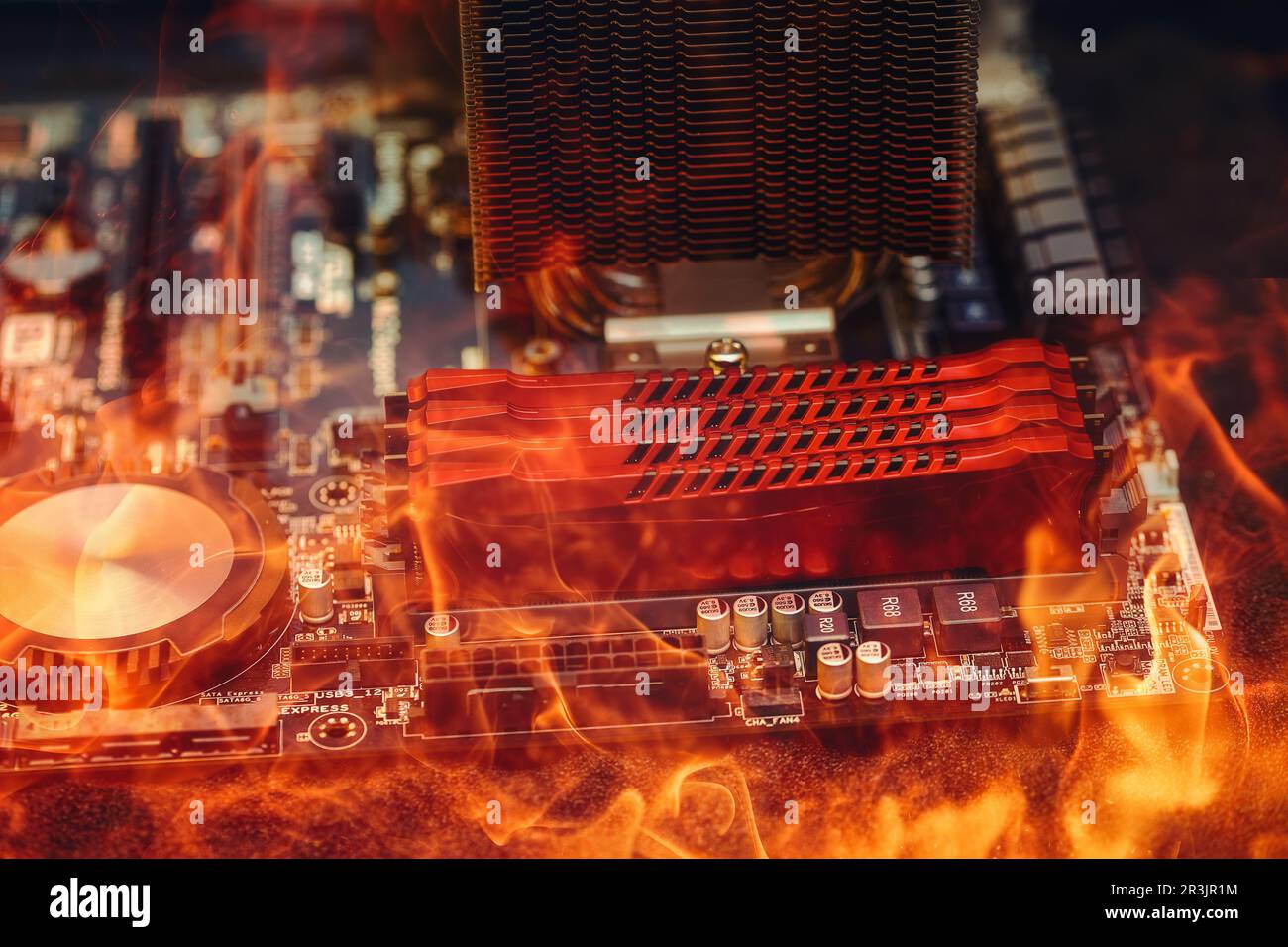 Repair of a computer, detail of disassembled computer. Fire effect ...