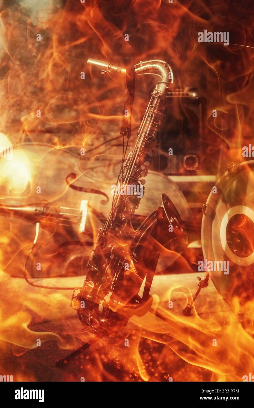 saxophone with musical instruments in the background. Fire effect Stock ...