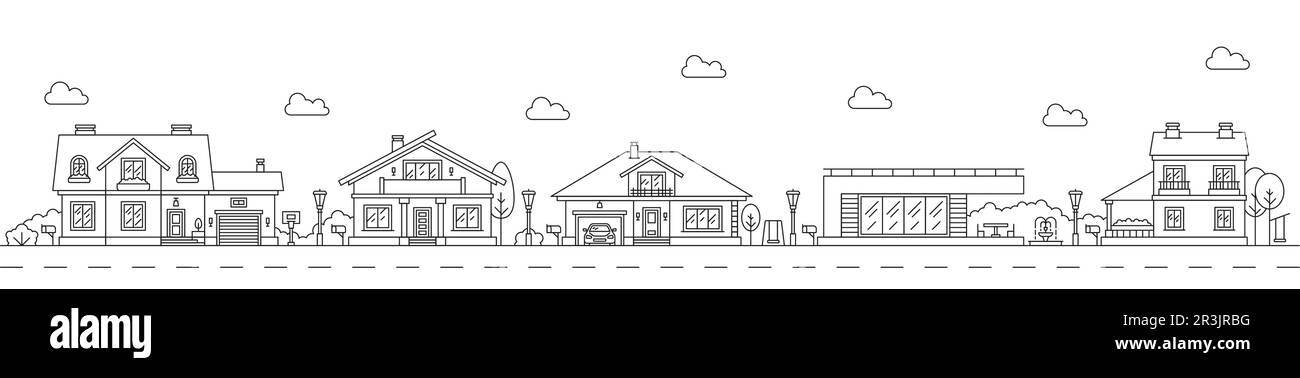 Neighborhood line art outline village or town house buildings, vector ...