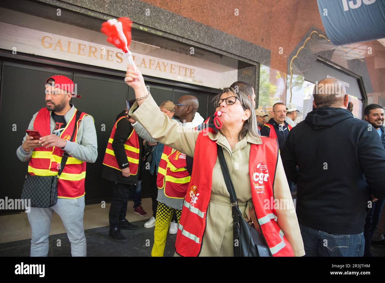 Paris, France. 24th May, 2023. Members of the CGT block the Galeries ...
