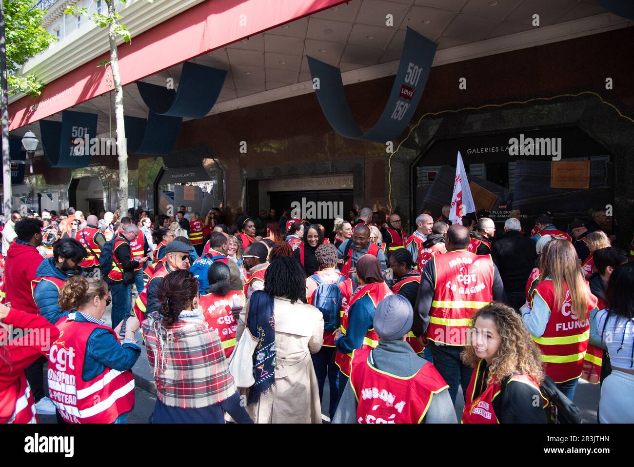 Paris, France. 24th May, 2023. Members of the CGT block the Galeries ...