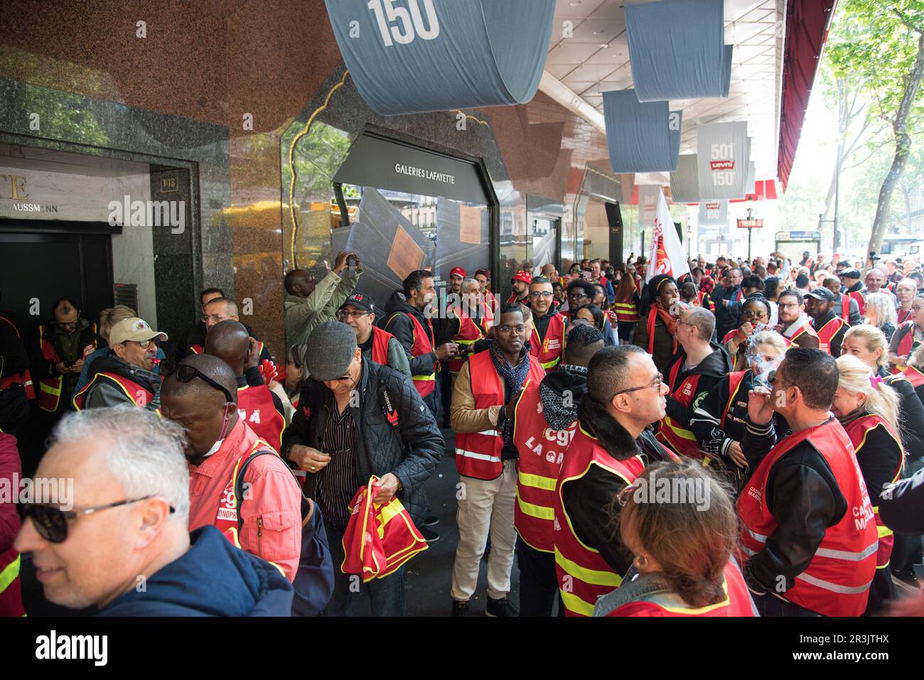 Paris, France. 24th May, 2023. Members of the CGT block the Galeries ...