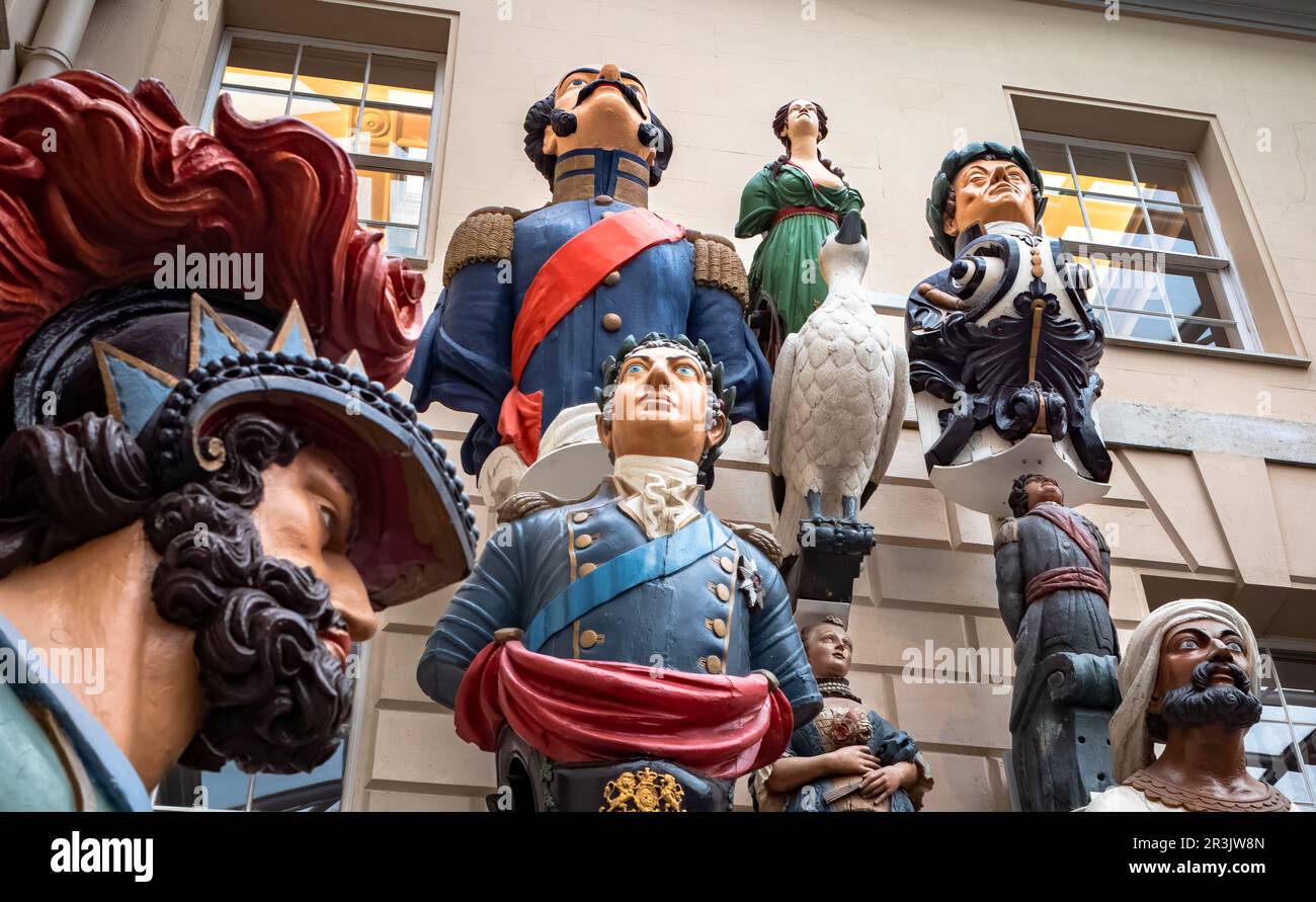 A collection of old naval warship figureheads at the National Maritime ...