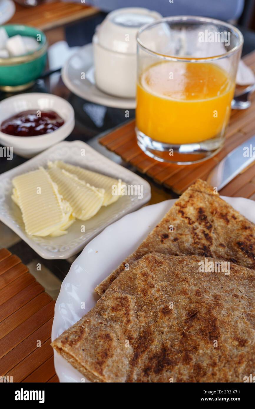 breakfast with typical bread and orangeade, Asilah, morocco, africa ...