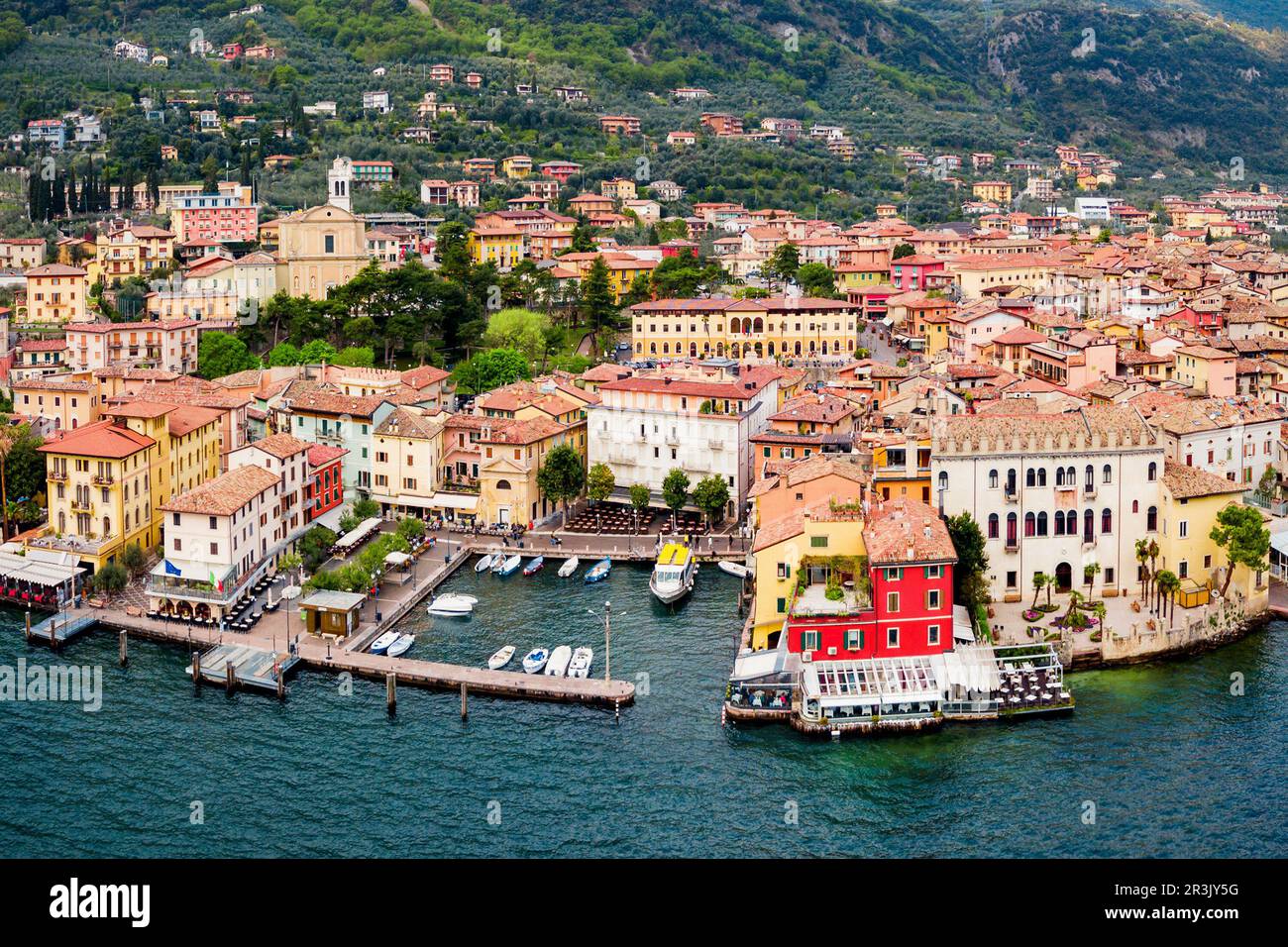 Malcesine aerial panoramic view. Malcesine is a small town on the shore ...