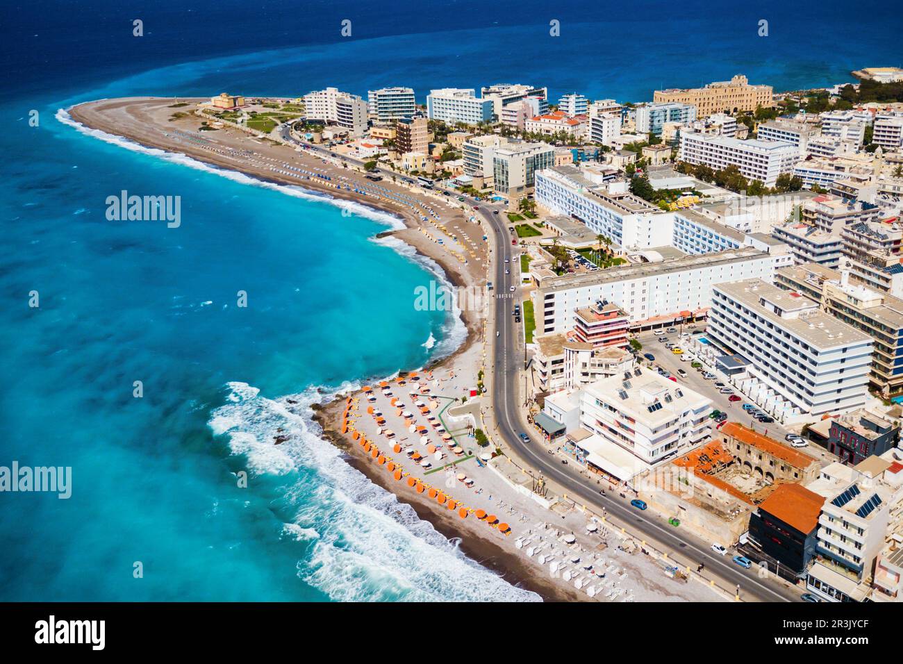 Rhodes city beach aerial panoramic view in Rhodes island in Greece ...