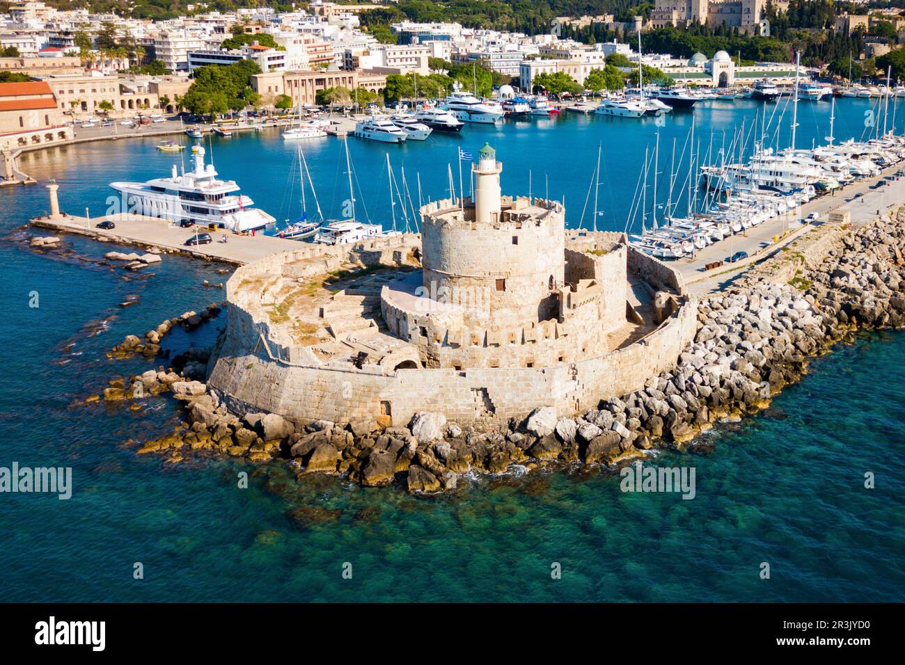Saint Nicholas Fort at Mandraki port of Rhodes city harbor aerial ...