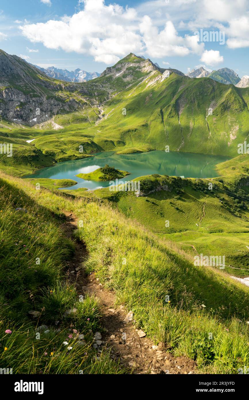 Hiking path to Lake Schrecksee near Oberstdorf in summer Stock Photo ...
